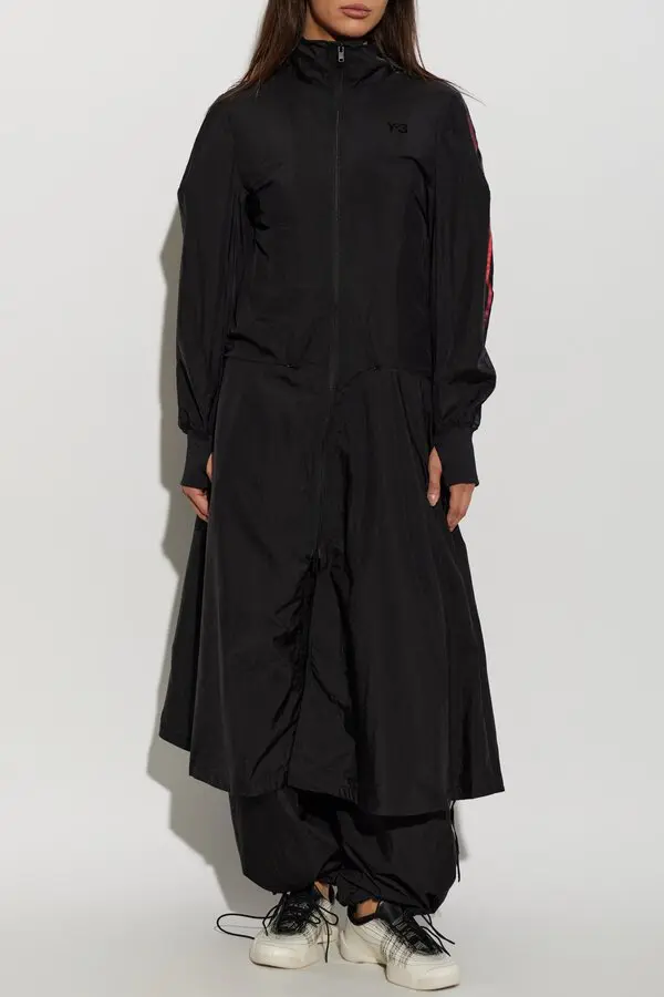 Y3 Long Coat With Sporty Stripes And Logo Detail