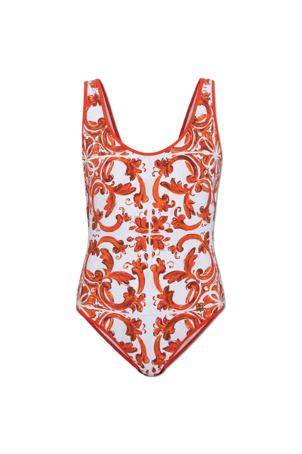 Dolce & Gabbana One-piece Swimsuit With "maiolica" Print - Orange