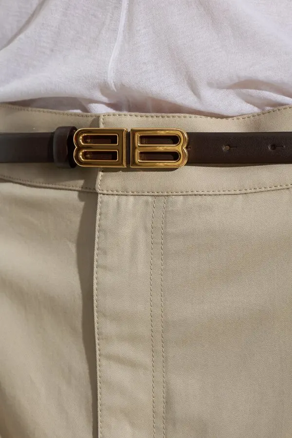 Balenciaga Skinny Leather Belt With Gold Tone Double B Buckle