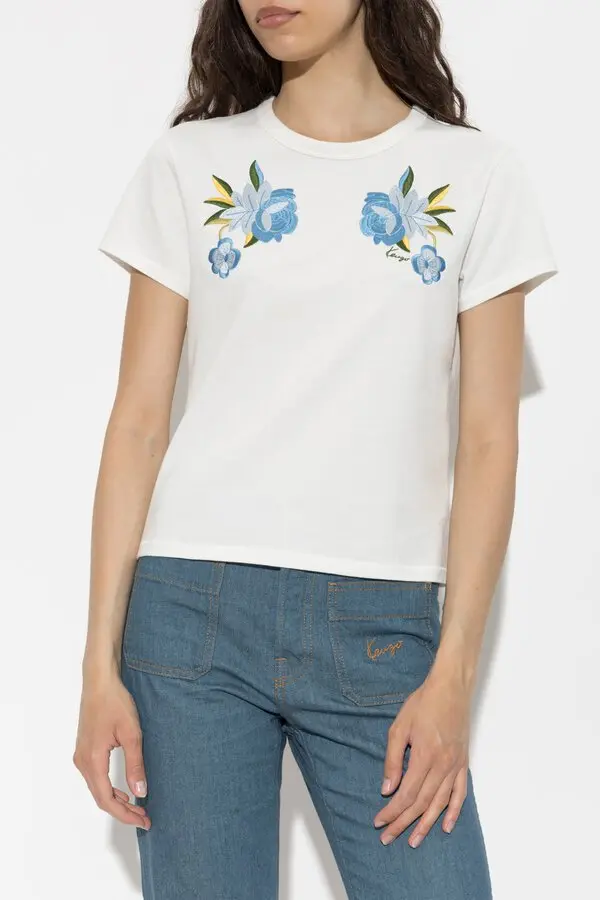 Kenzo Floral Motif Embroidered Cotton T-shirt