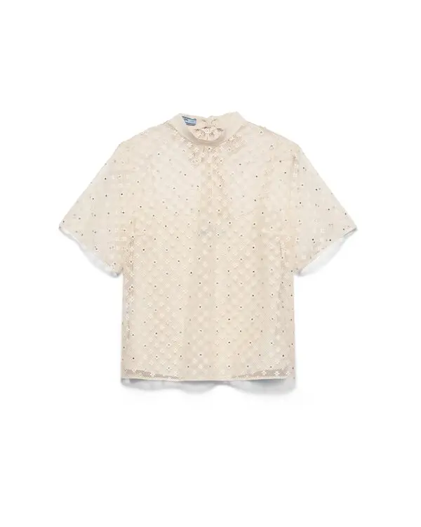 Prada Embroidered Lace Top - Neutral