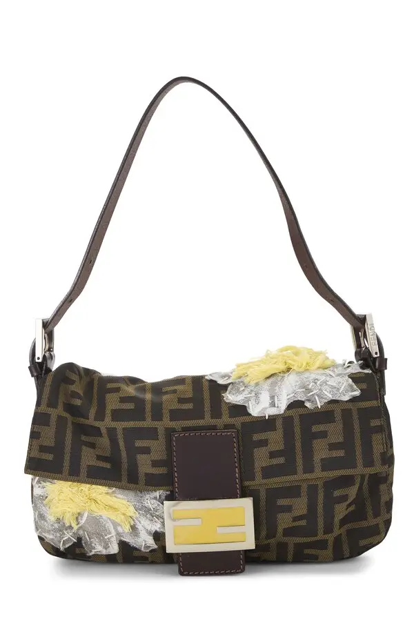 Fendi Floral Embroidered Zucca Baguette Bag - Brown