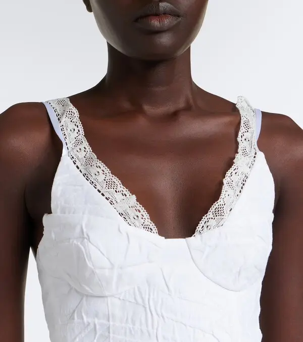 SHUSHU/TONG Crinkled Cotton-blend Mini Dress With Lace Trim