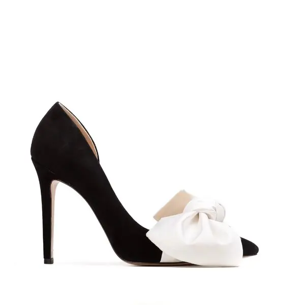 GINISSIMA Samantha Suede And Oversized White Satin Bow Open Sided Stiletto - Black