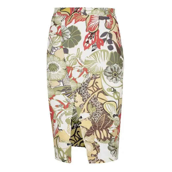 CONQUISTA Floral Cotton Pencil Skirt In Earthy Shades - Beige