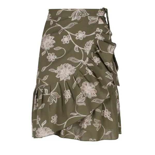 CONQUISTA Olive Embroidered Floral Wrap Ruffle Skirt - Green