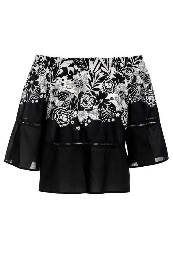 CONQUISTA Floral Top With Bell Sleeves - Black