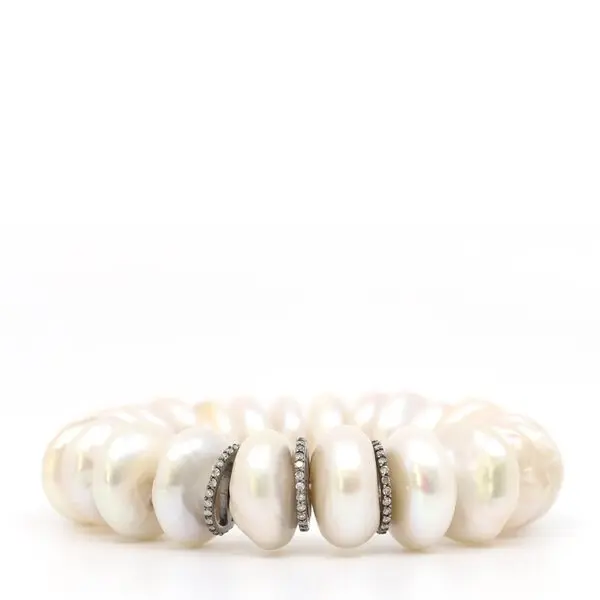 Shar Oke Silver / White Diamonds & Coin Freshwater Pearls Bracelet - Silver/white