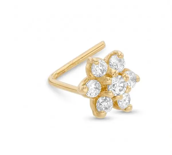 Zahav Jewelry 10k Solid 24g Flower Cz L Shape Nose Stud - Gold