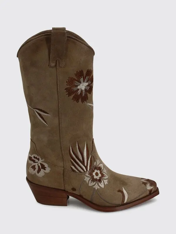 PAROSH P.a.r.o.s.h. Suede Leather Mid-calf Boots With Floral Embroidery - Sand