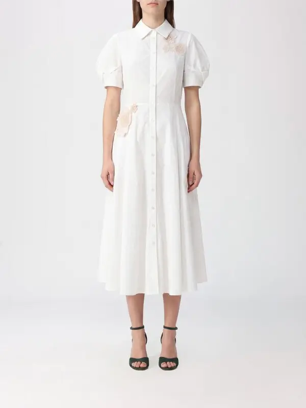Erdem Cotton Midi Chemisier Dress With Puff Sleeves And Macramé Inserts - White