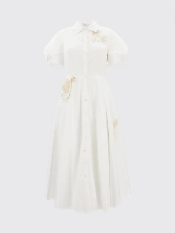 Erdem Cotton Midi Shirt Dress With Puff Sleeves And Macramé Inserts - White