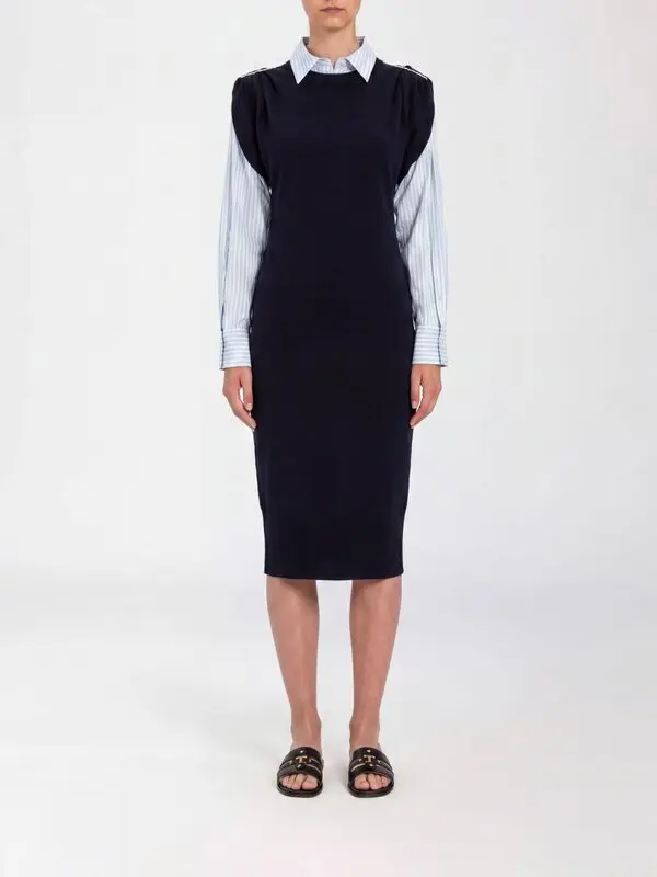 TWINSET Sleeveless Midi Dress With Striped Shirt Underlay