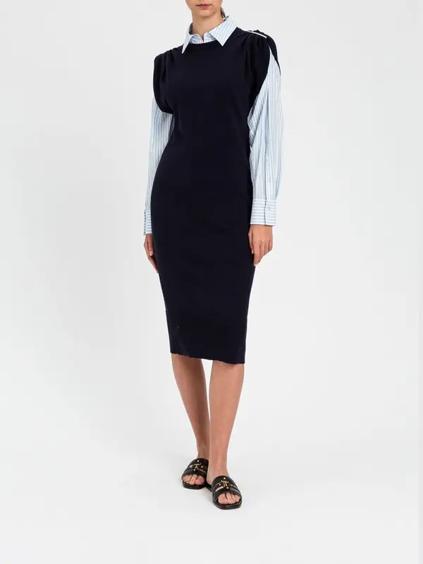 TWINSET Sleeveless Midi Dress With Striped Shirt Underlay