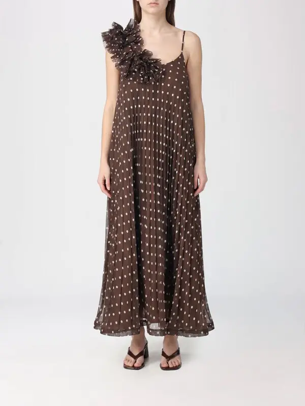 PAROSH A-line Crêpe Midi Dress P. A.r. O.s. H. With Ruffles And Polka Dot Embroidery - Brown