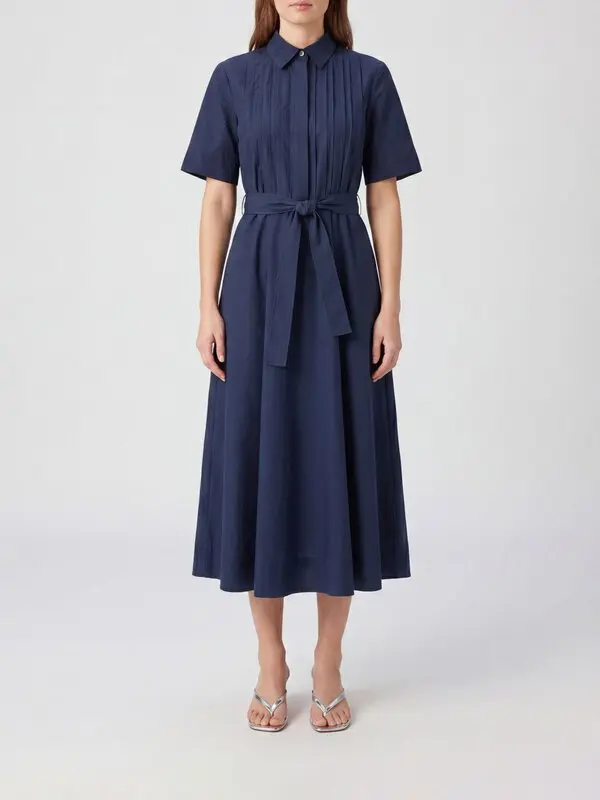 PAROSH Pleated Cotton Midi Shirtdress P. A.r. O.s. H. With Tie-waist Belt - Blue