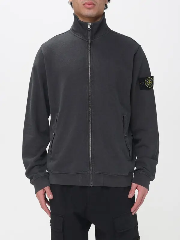 Stone Island Cotton Zip Up Sweatshirt With Logo - Grey