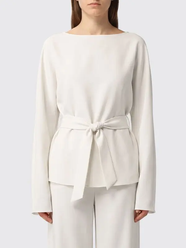 PAROSH P. A.r. O.s. H. Long-sleeved Crêpe Blouse With Tie-waist Sash Belt - White