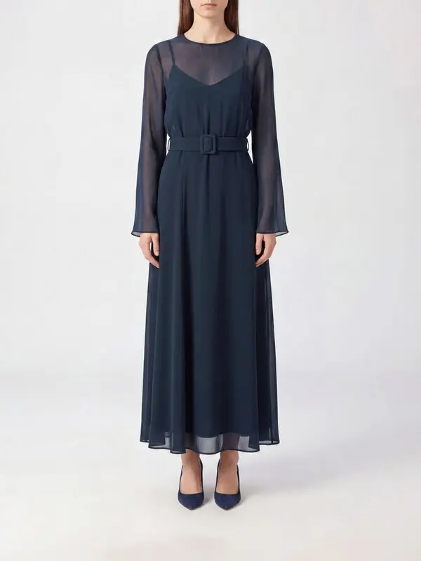 PAROSH P. A.r. O.s. H. A-line Midi Cocktail Dress In Georgette With Long Sleeves - Blue