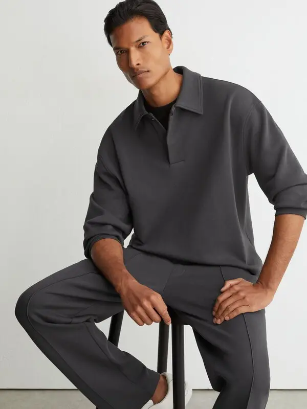 REISS Brooks Premium Interlock Relaxed Polo Sweatshirt - Charcoal Grey