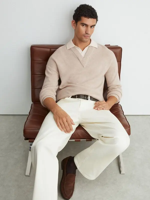 REISS Corey Wool V-neck Jumper With Contrast Collar - Oatmeal