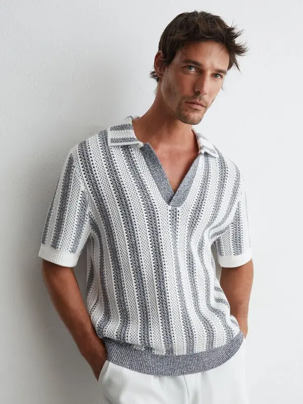 REISS Globe Cotton-blend Crochet Stripe Polo Shirt - Soft Blue/white