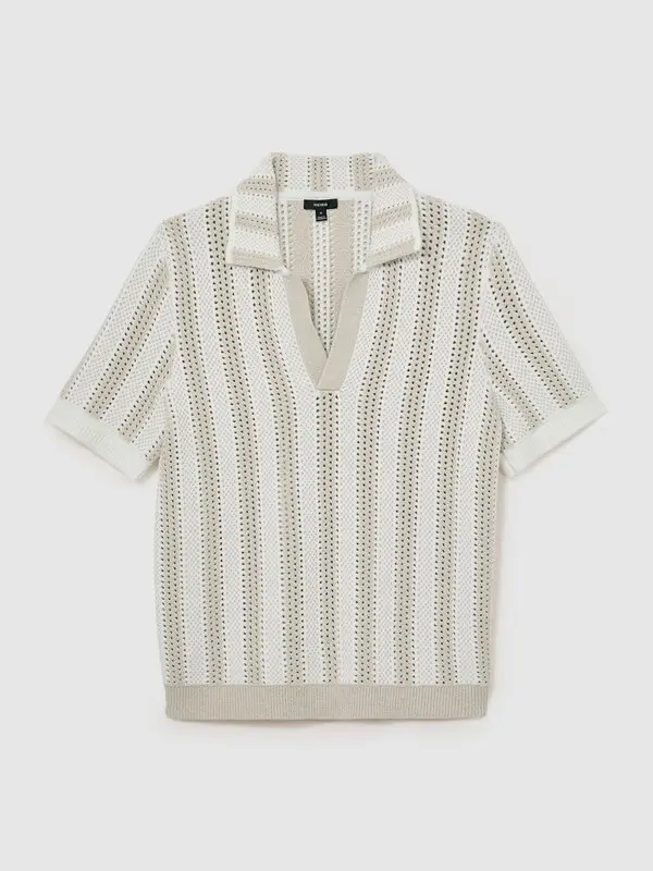 REISS Globe Cotton-blend Crochet Stripe Polo Shirt - Stone/white