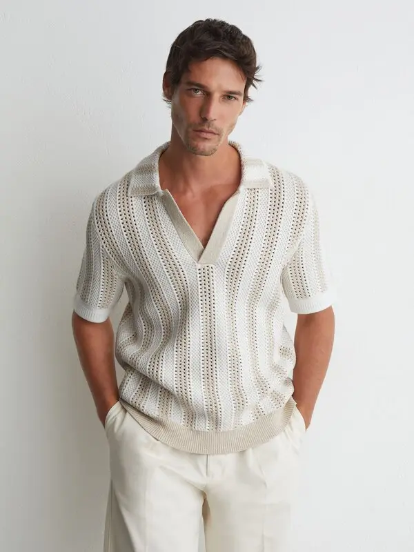 REISS Globe Cotton-blend Crochet Stripe Polo Shirt - Stone/white