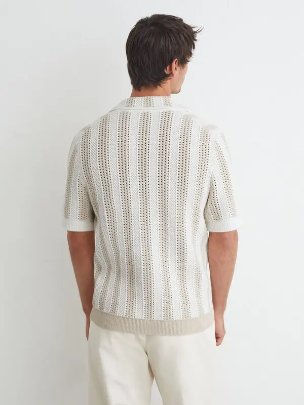 REISS Globe Cotton-blend Crochet Stripe Polo Shirt - Stone/white