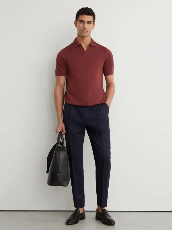 REISS Duchie Merino Wool Open-collar Polo Shirt - Rooibos Red