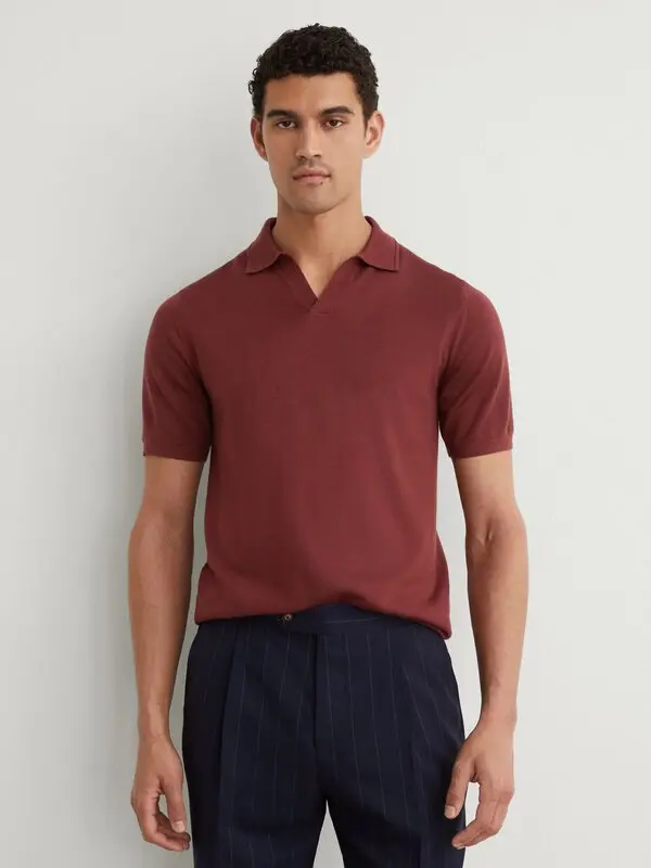 REISS Duchie Merino Wool Open-collar Polo Shirt - Rooibos Red