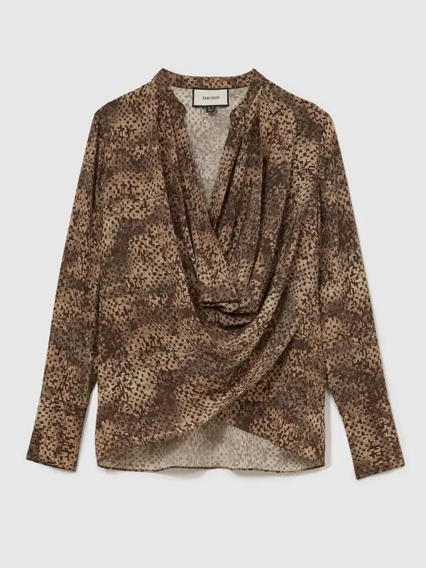 REISS Laurie Matte Silk Printed Draped Shirt