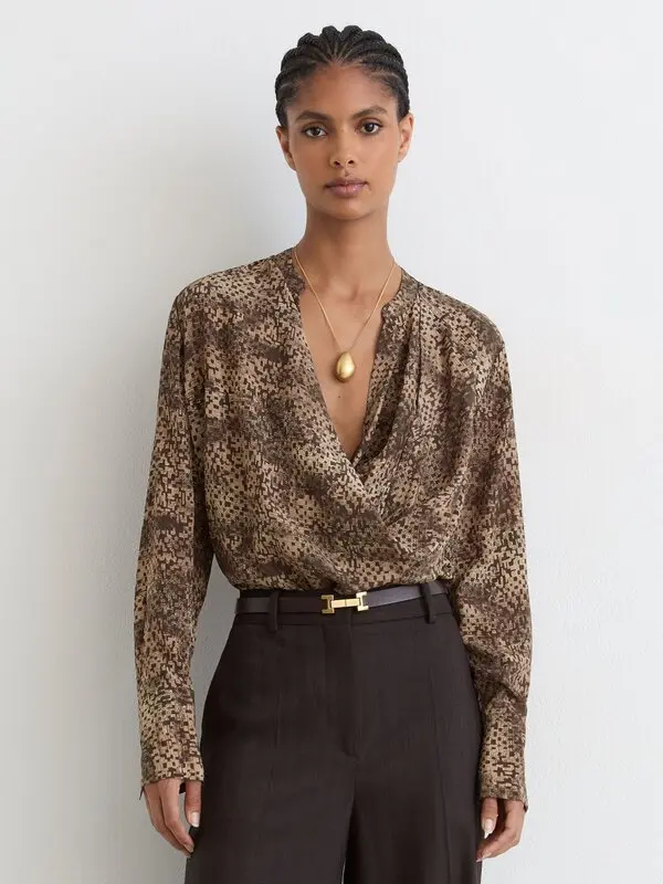 REISS Laurie Matte Silk Printed Draped Shirt