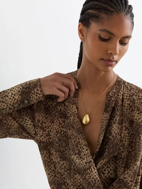 REISS Laurie Matte Silk Printed Draped Shirt