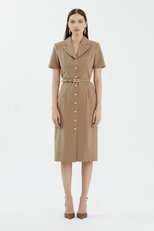 GIZIA Short Sleeve Belted Midi Dress - Beige