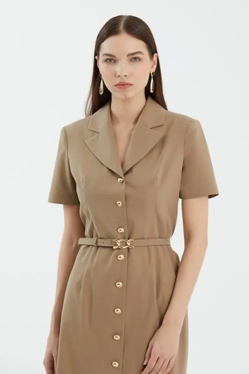 GIZIA Short Sleeve Belted Midi Dress