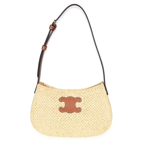 Celine Natural Raffia Calfskin Triomphe Tilly Shoulder Bag - Beige
