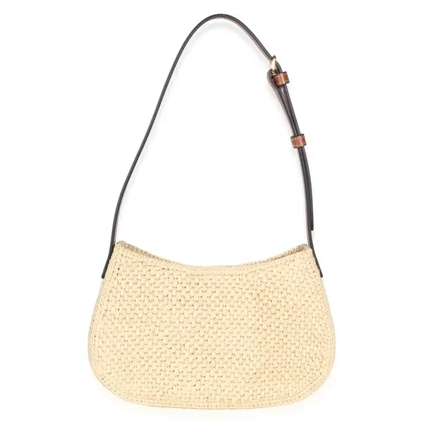 Celine Natural Raffia Calfskin Triomphe Tilly Shoulder Bag - Beige