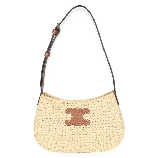 Celine Natural Raffia Calfskin Triomphe Tilly Shoulder Bag - Beige