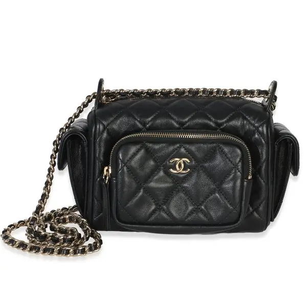 Chanel Quilted Shiny Crumpled Lambskin Preppy Pocket Camera Case - Black