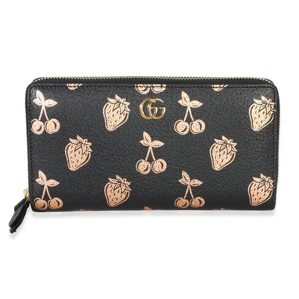 Gucci Dollar Calfskin Metallic Strawberry Cherry Gg Zip Around Wallet - Black