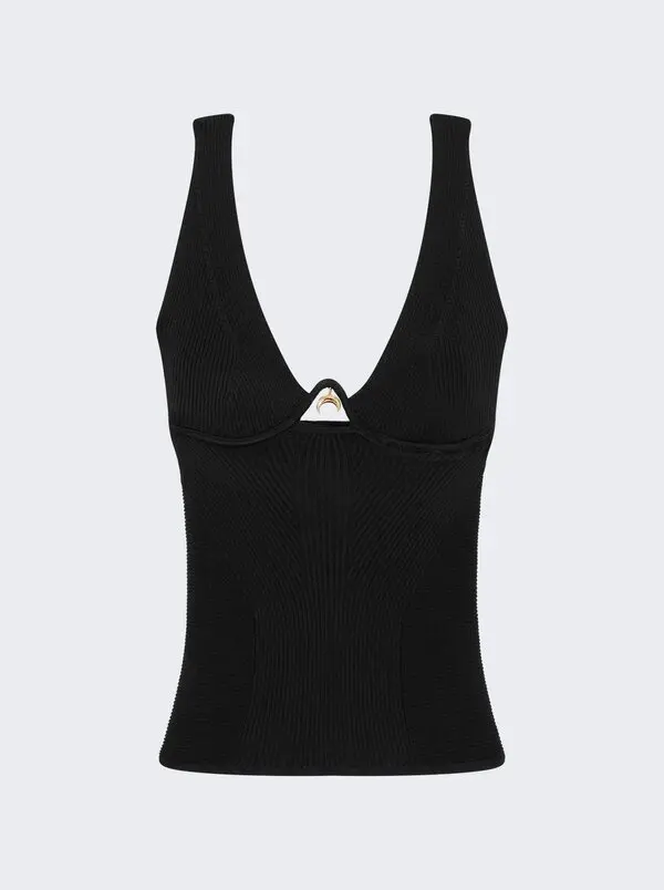 MARINE SERRE Ribbed Knit Deep Neck Tank Top With Moon Pendant - Black