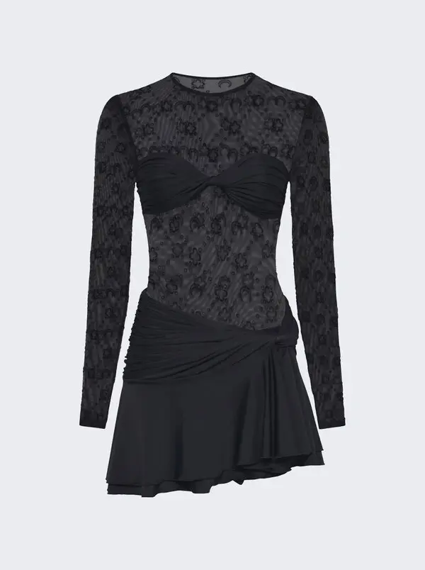 MARINE SERRE Moonogram Mesh Flock Ruffles Mini Dress - Black