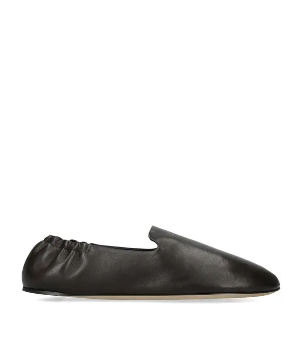 THE ROW Casa Leather Gathered Ankle Slip-on Slippers - Brown