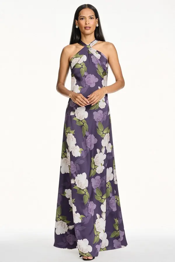 Sachin & Babi Laurent Floral Halter Gown - Twilight Blooms