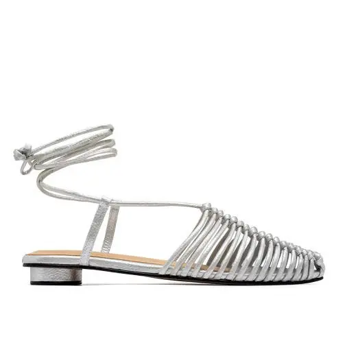 ALTA Leather Strappy Tie Fastening Flat Sandals - Silver