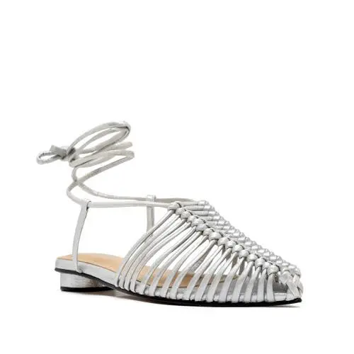 ALTA Leather Strappy Tie Fastening Flat Sandals - Silver