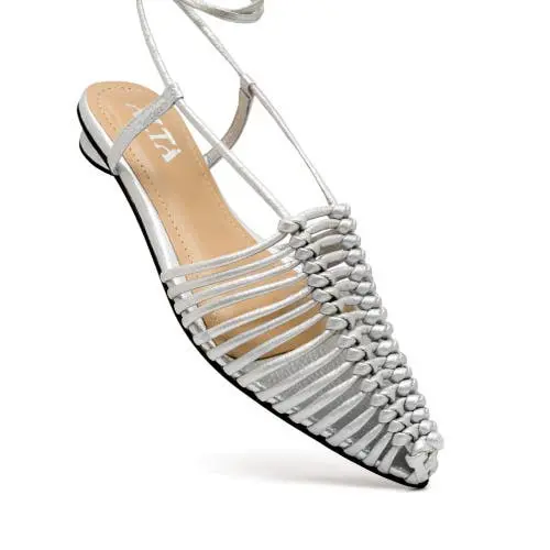 ALTA Leather Strappy Tie Fastening Flat Sandals - Silver