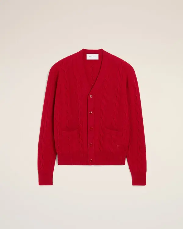 AMI Paris Red Cable Wool Cardigan - Ruby Red