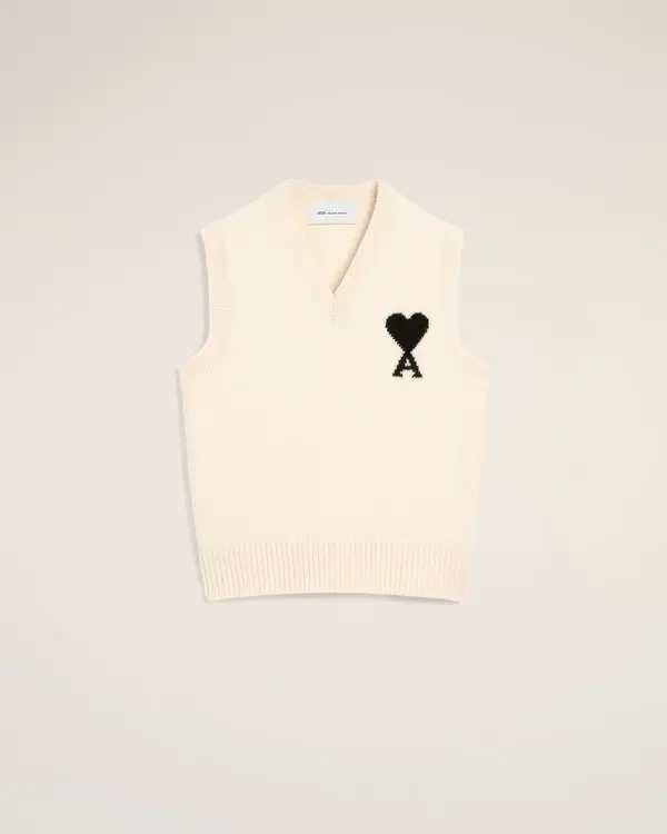 AMI Paris White Sleeveless Wool Sweater With De Coeur White - Off White/black